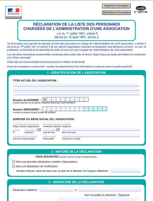 Cerfa 13971 - Modification des membres du bureau de l'association